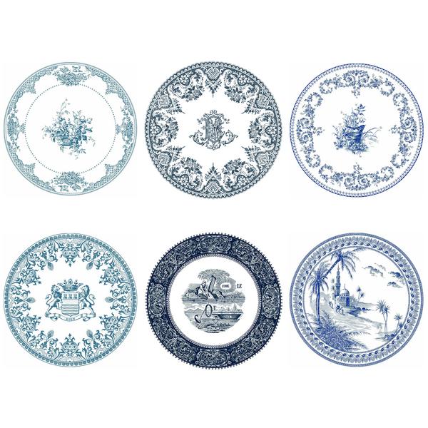 Gien Les Dépareillées Bleu dinner plates, set of 6, 6 patterns | artedona.