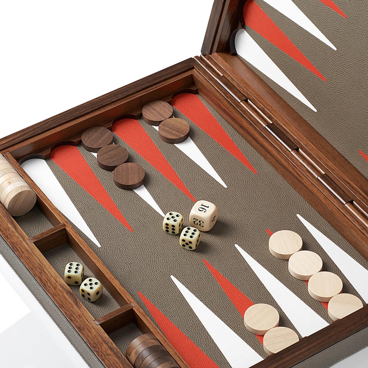 GioBagnara Noce backgammon, mud/white/coral | artedona.